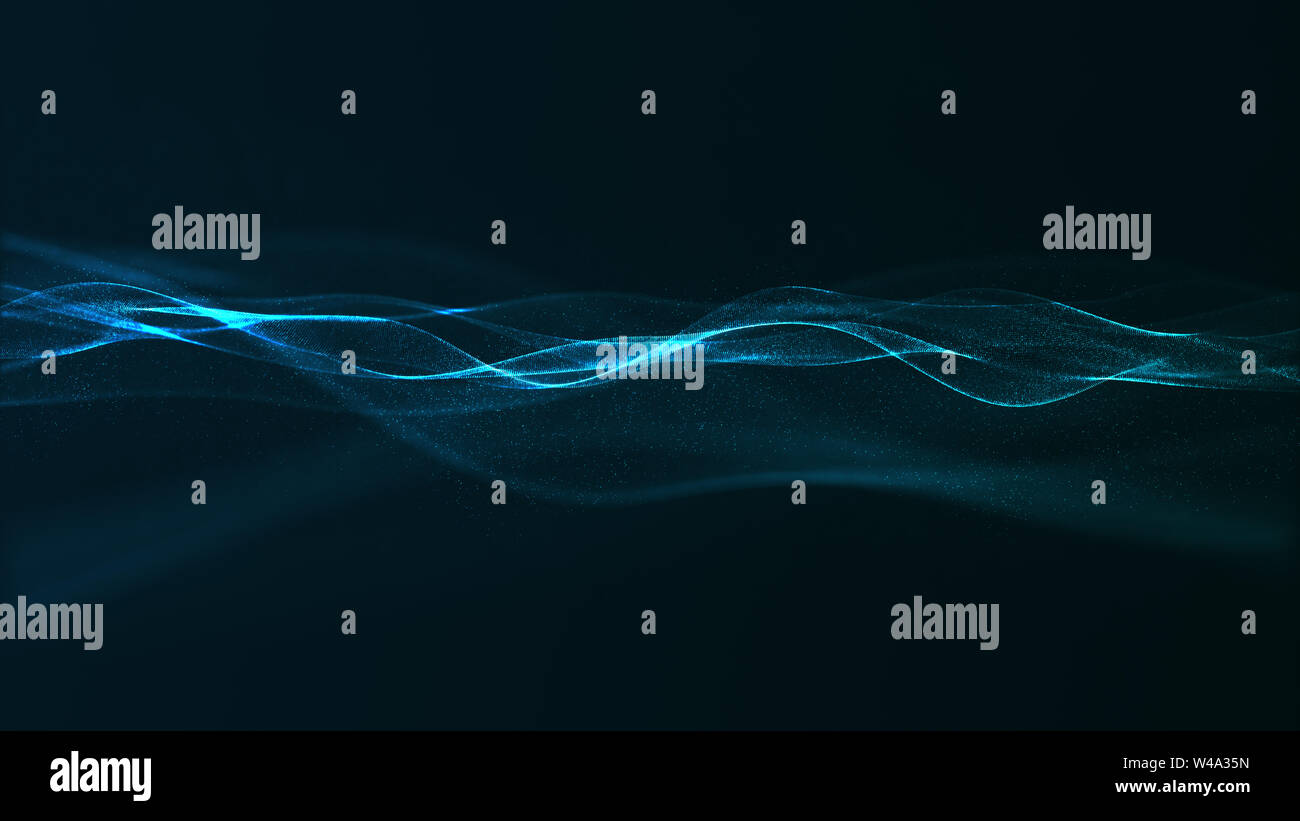 Abstract digital blue color wave with flowing small particles dance ...