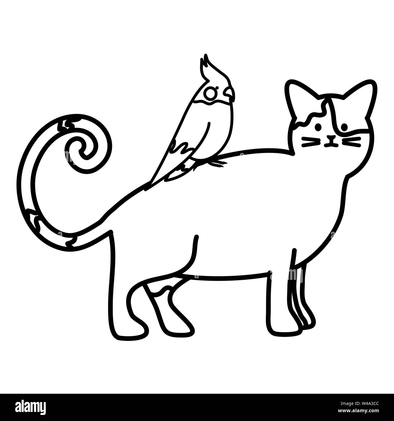 cute cat and bird mascots adorables characters vector illustration ...