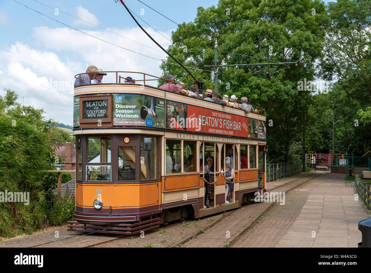 Colyton, East Devon, England, UK. July 2019. The Seaton Tramway station ...
