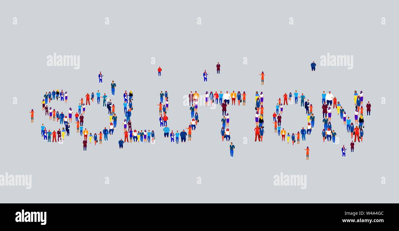 businesspeople crowd gathering in shape of solution word different ...