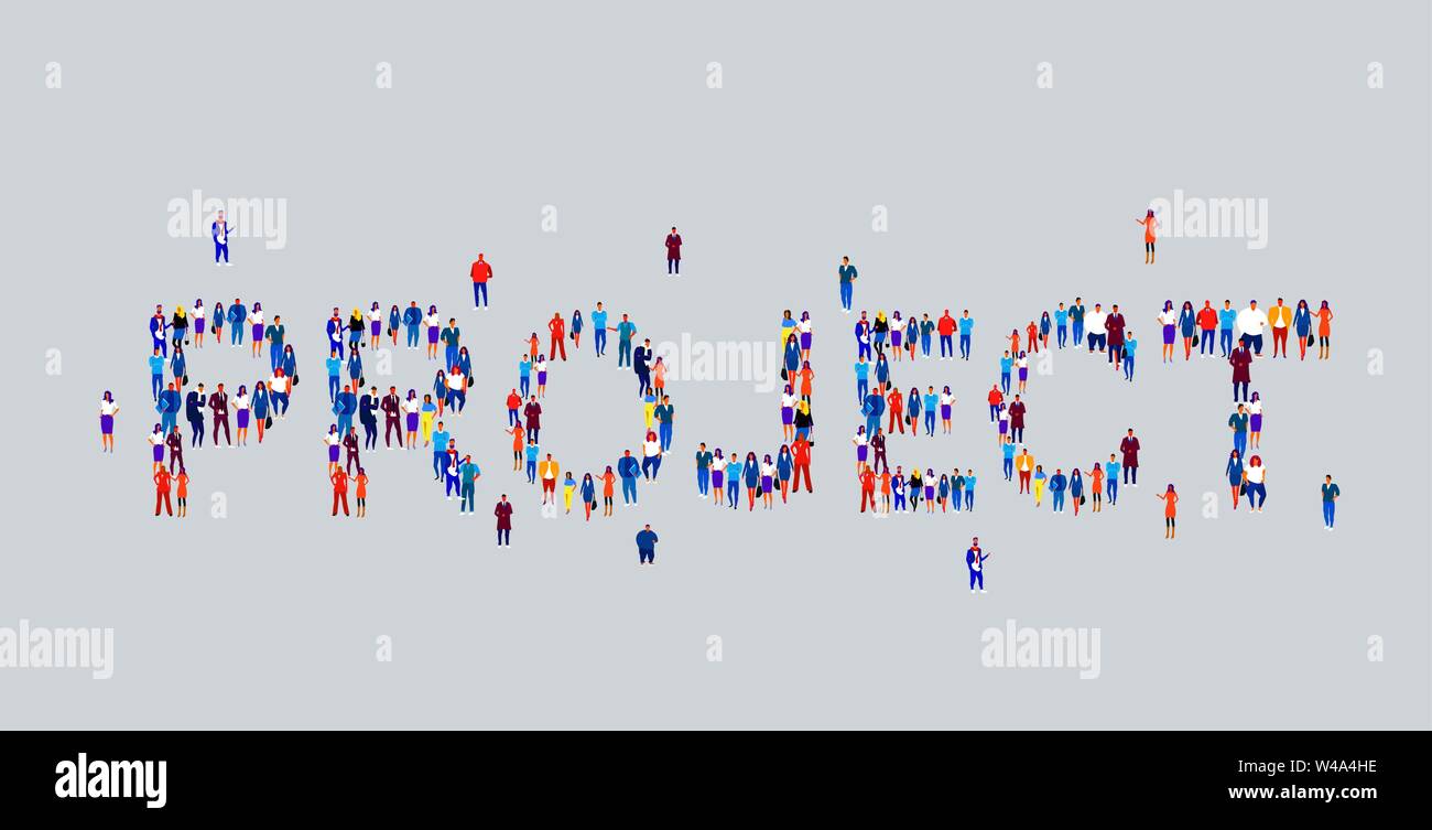 businesspeople crowd gathering in shape of project word different ...