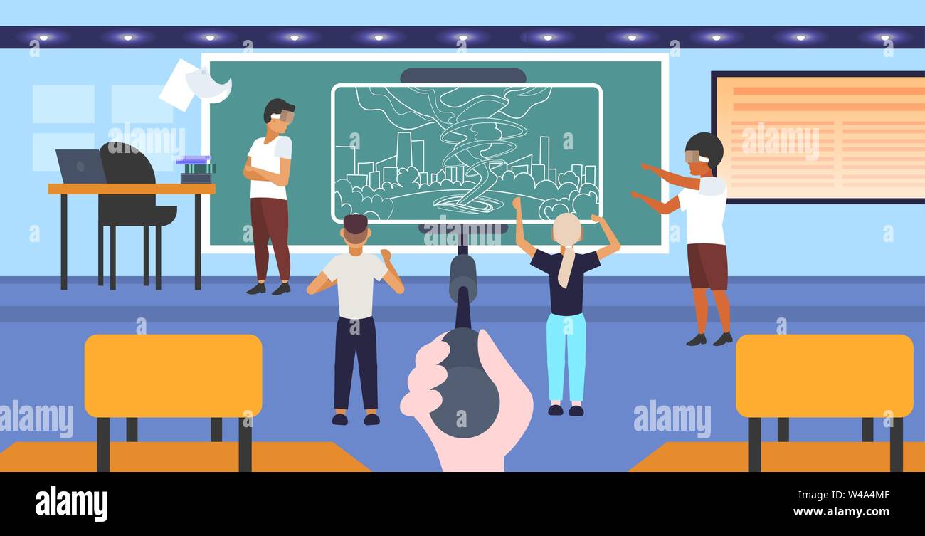 students wearing 3d glasses looking at virtual reality storm tornado ...