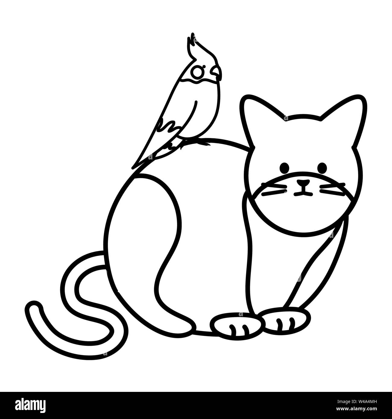 cute cat and bird mascots adorables characters vector illustration ...
