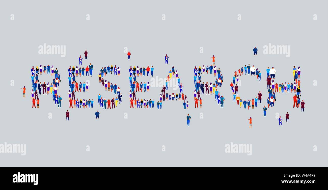 businesspeople crowd gathering in shape of research word different ...