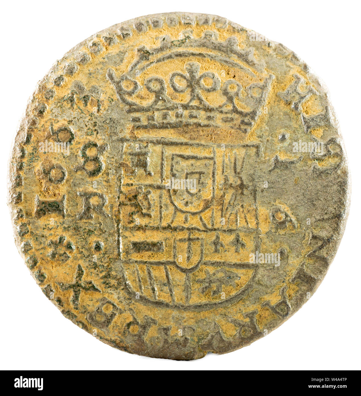 Ancient Spanish copper coin of King Felipe IV. 1663. Coined in Sevilla ...