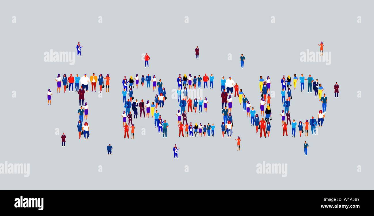 businesspeople crowd gathering in shape of trend word different ...