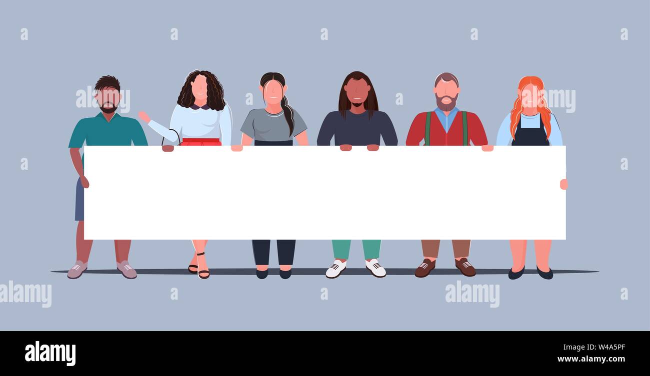 fat overweight people group holding empty placard sign board ...