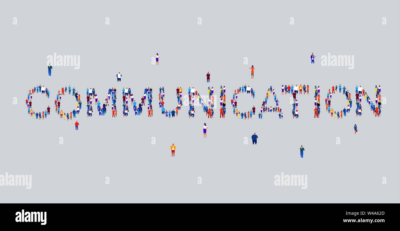 businesspeople crowd gathering in shape of communication word different ...