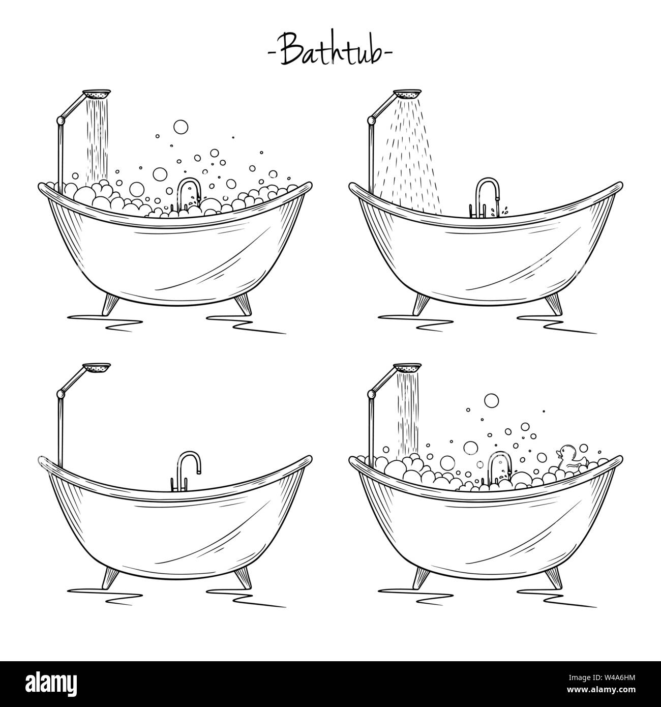 Set of different baths with foam, shower, duck. Sketch style vector ...
