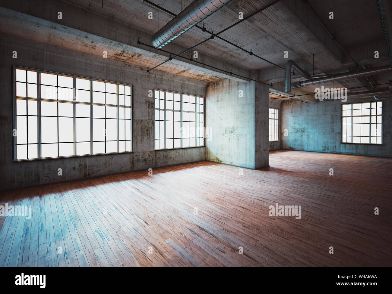 Abandoned assembly hall at the School, horror empty room, 3d rendering ...