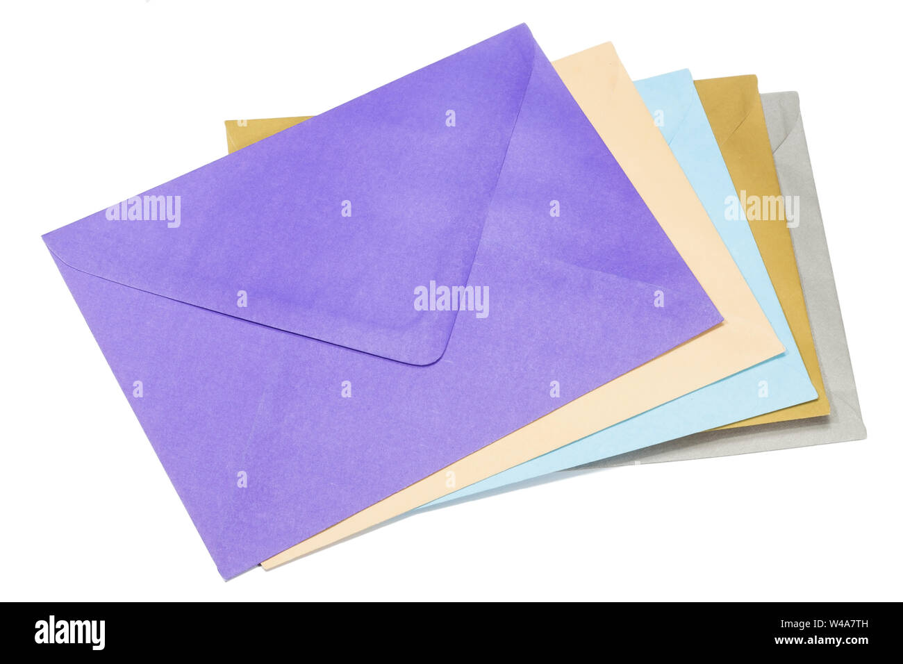 Pile of the colprful envelopes on white background Stock Photo - Alamy