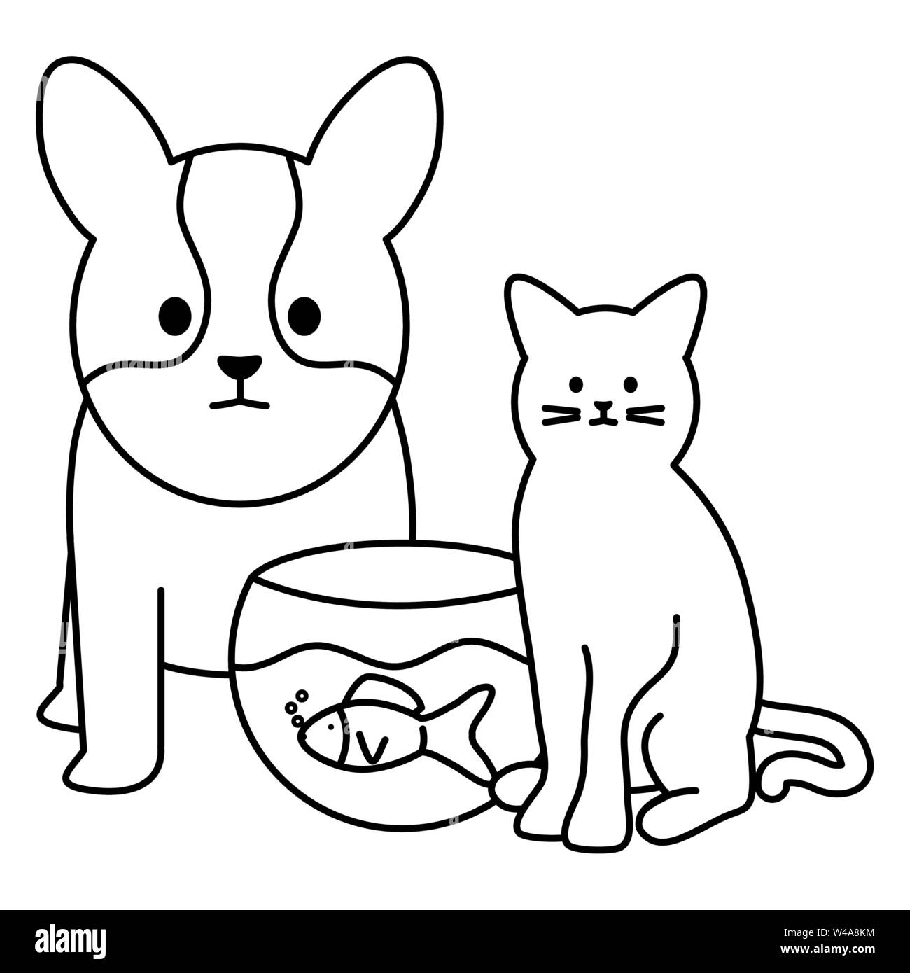 cute cat and dog with fish in aquarium mascots vector illustration ...