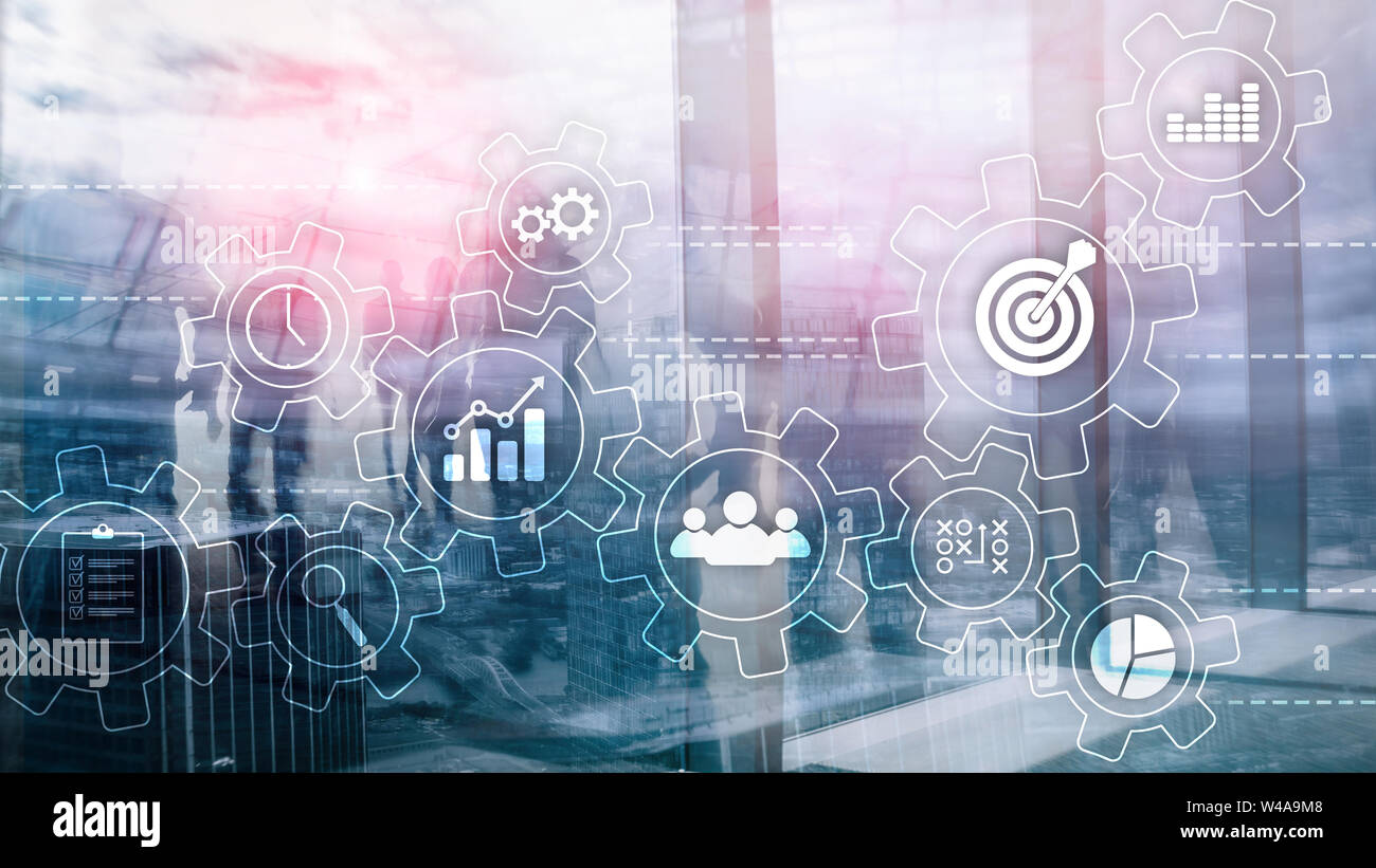 Business process automation concept. Gears and icons on abstract ...