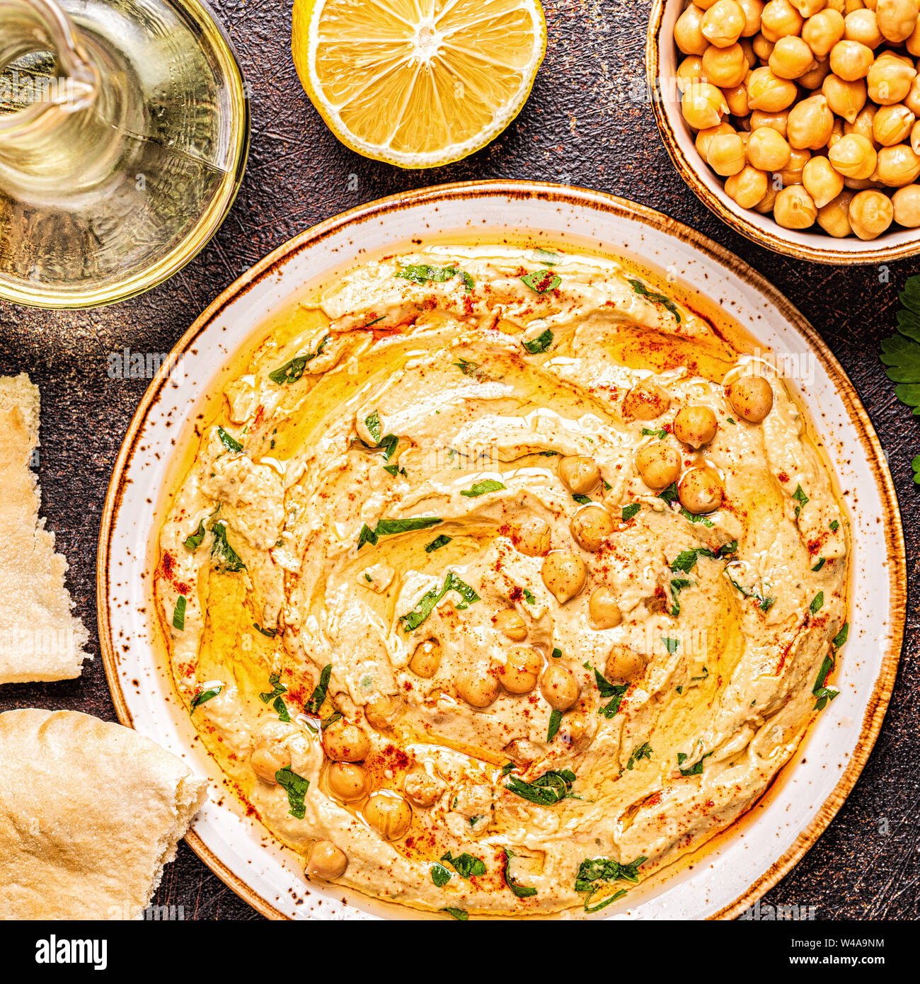 Homemade hummus, chickpea dip, with spices. Top view Stock Photo - Alamy