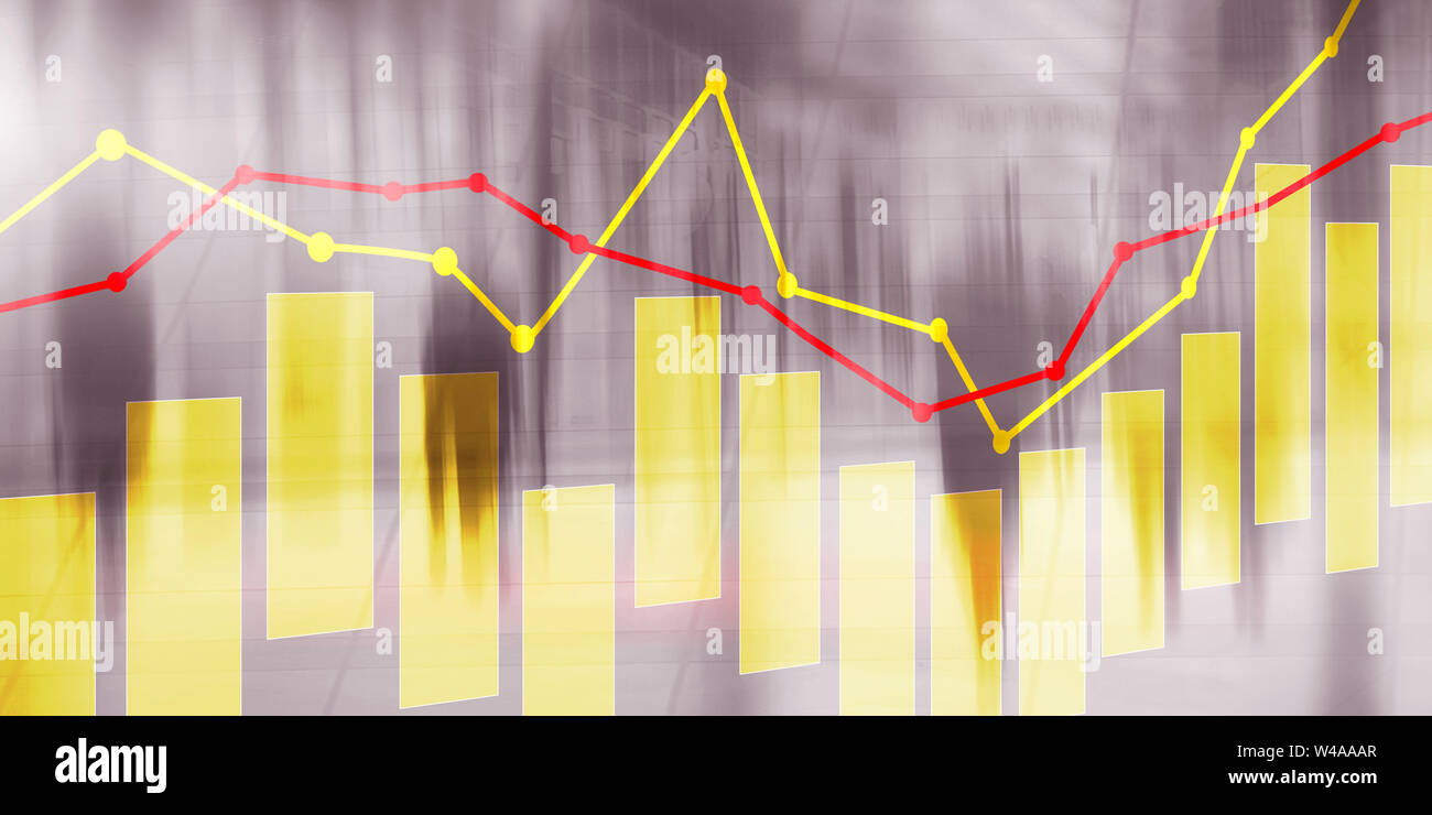 Yellow and red candles and charts on business technology background ...