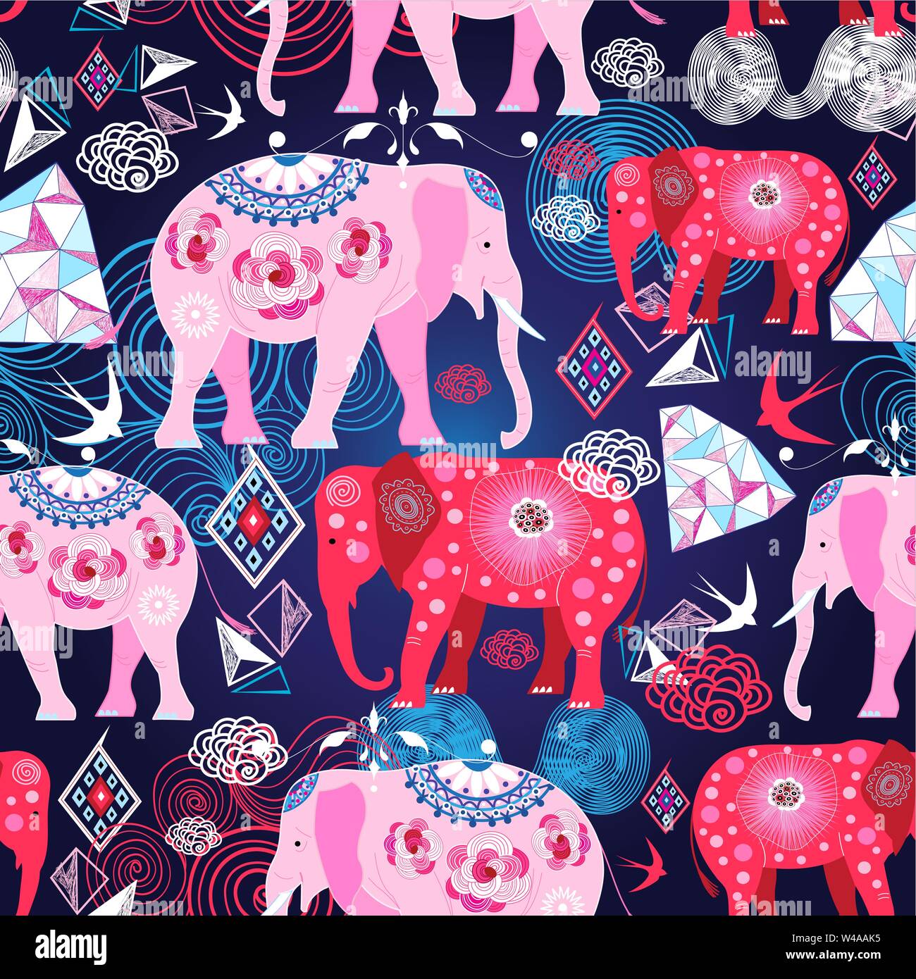 Seamless bright print with elephants and geometry on a dark background ...