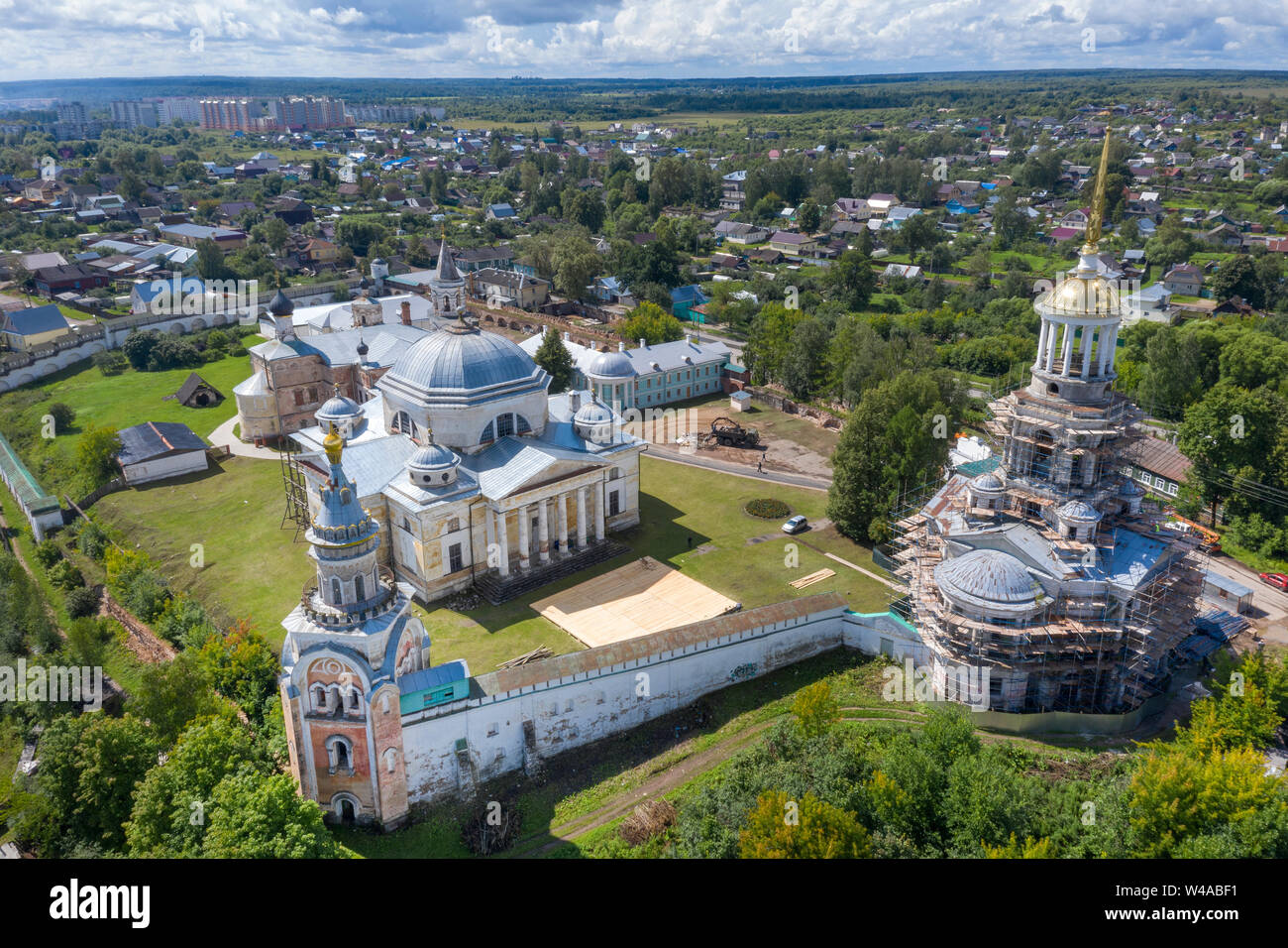 Aerial view of ancient monastery of Saints Boris and Gleb on the bank of the river Tvertsy in ...