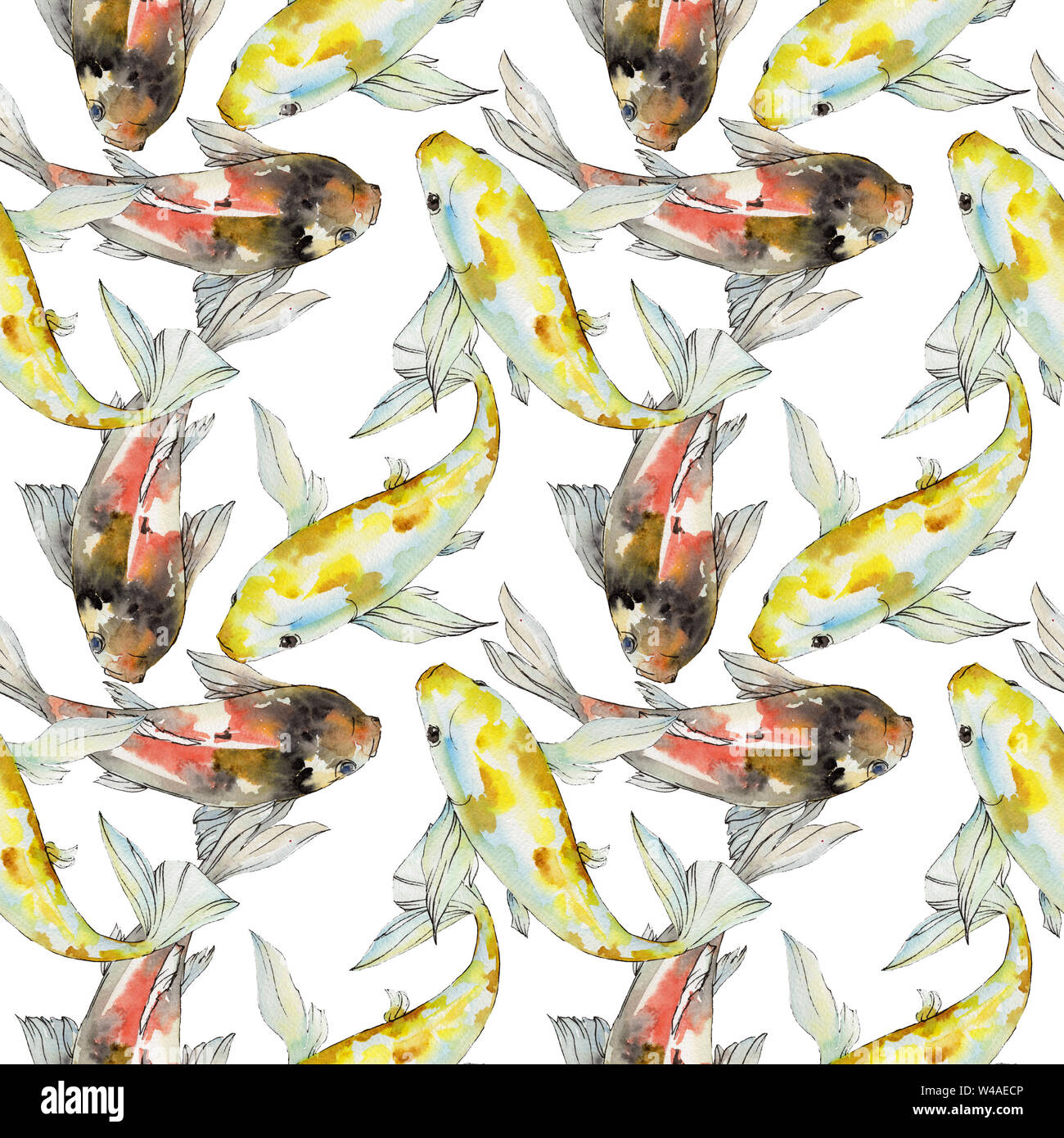 Aquatic underwater colorful tropical goldfish set. Watercolor ...