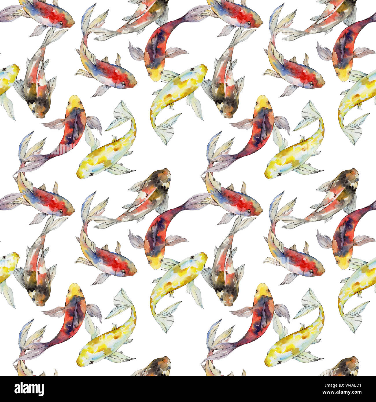 Aquatic underwater colorful tropical goldfish set. Watercolor ...