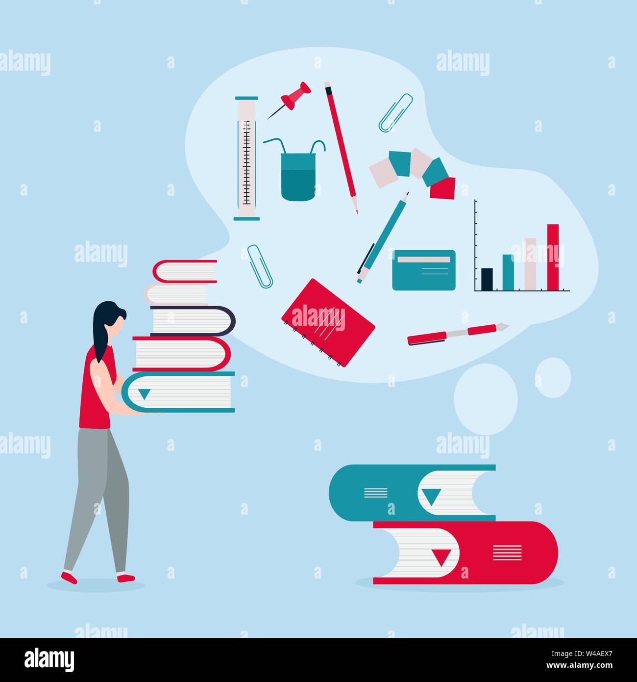 Vector illustration with girl, stack of books. Education, study ...