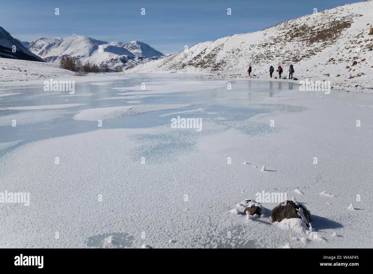Backpacking ski tour climbers in Altay high mountains. Siberia. Russia ...