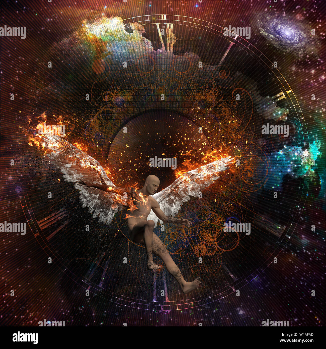 Surrealism. Clock. Man with burning wings symbolizes falling angel ...