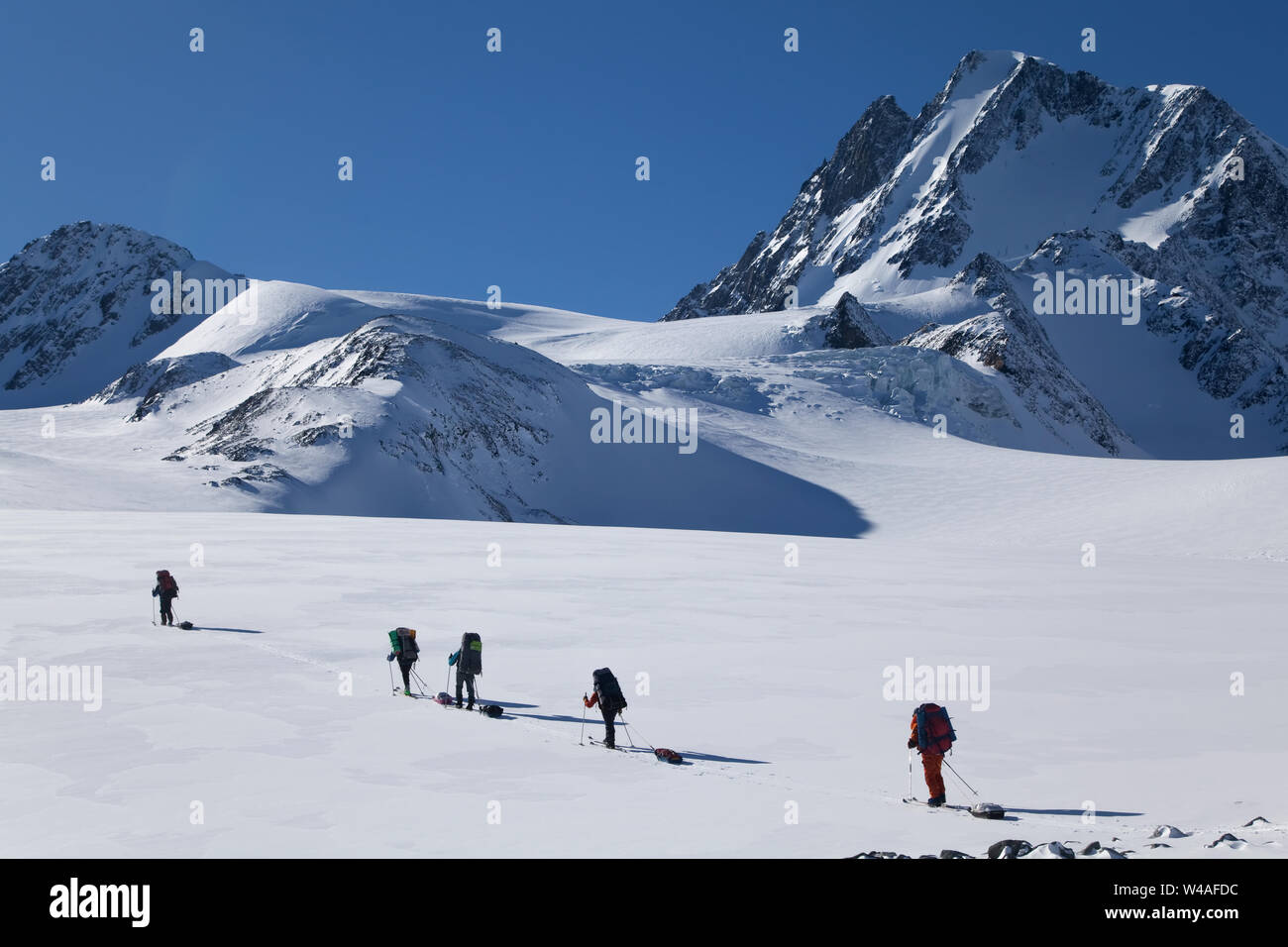 Backpacking ski tour climbers in Altay high mountains. Siberia. Russia ...
