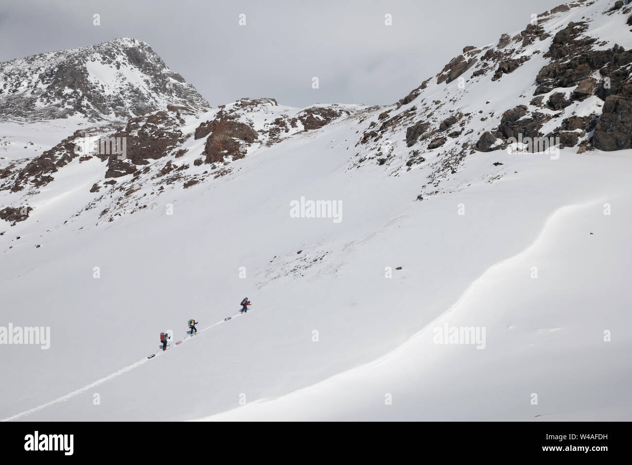 Backpacking ski tour climbers in Altay high mountains. Siberia. Russia ...