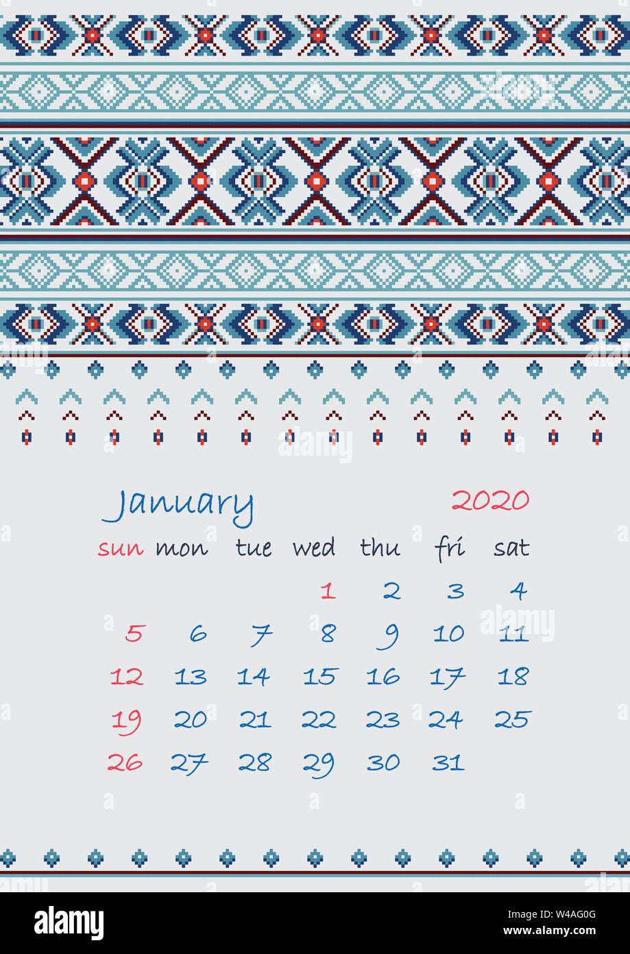 2020 Page of Calendar planner with ethnic cross-stitch ornament Week ...