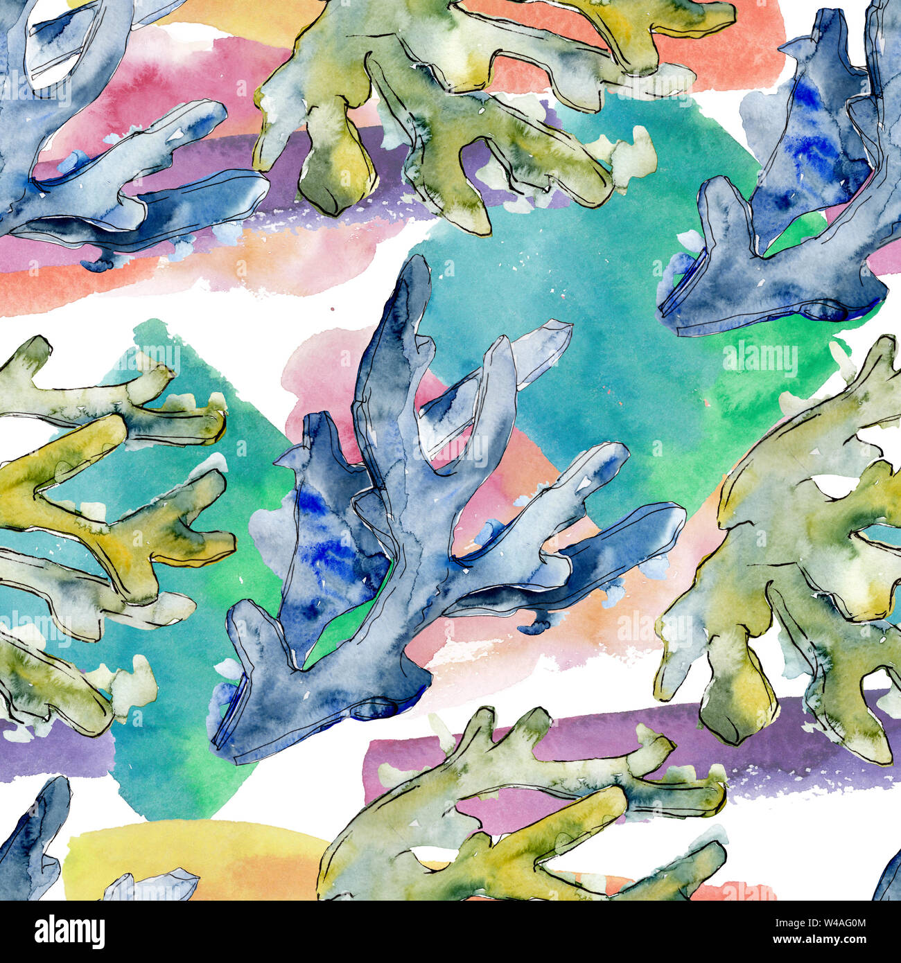Colorful aquatic underwater nature coral reef. Watercolor background ...