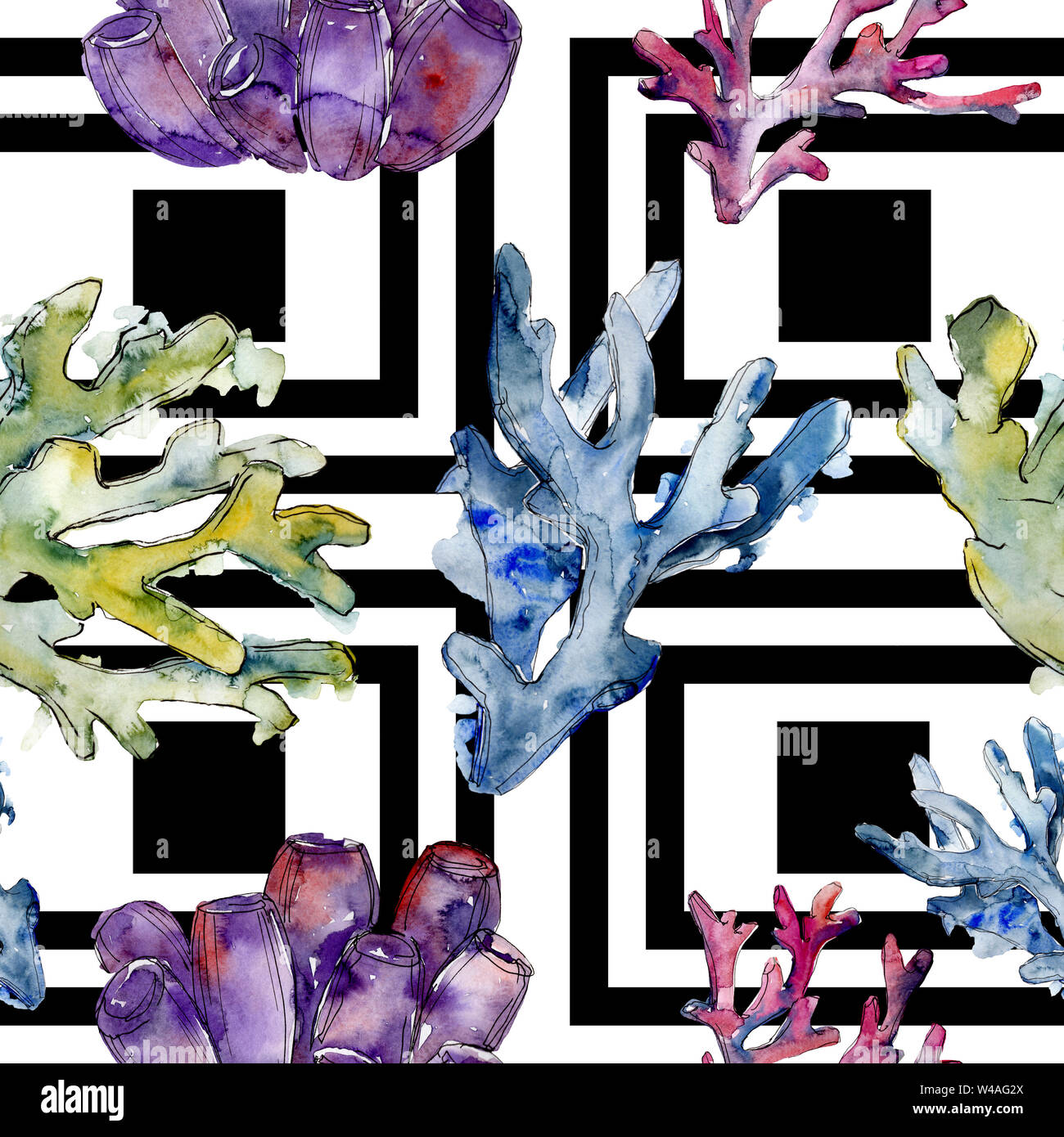Colorful aquatic underwater nature coral reef. Watercolor background ...