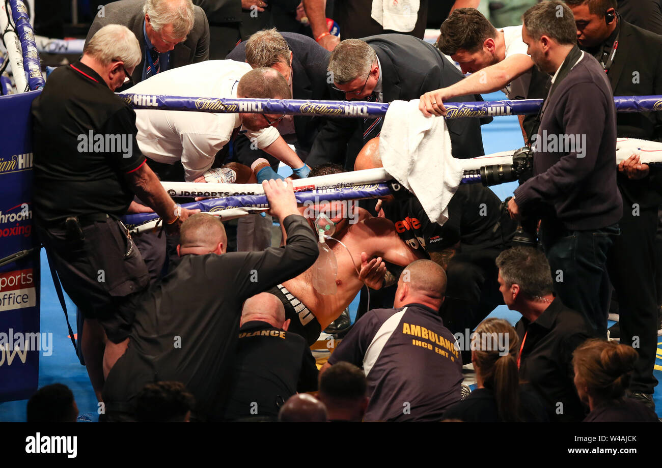 LONDON, ENGLAND - JULY 20: Dave Allen is placed on a stretcher after ...