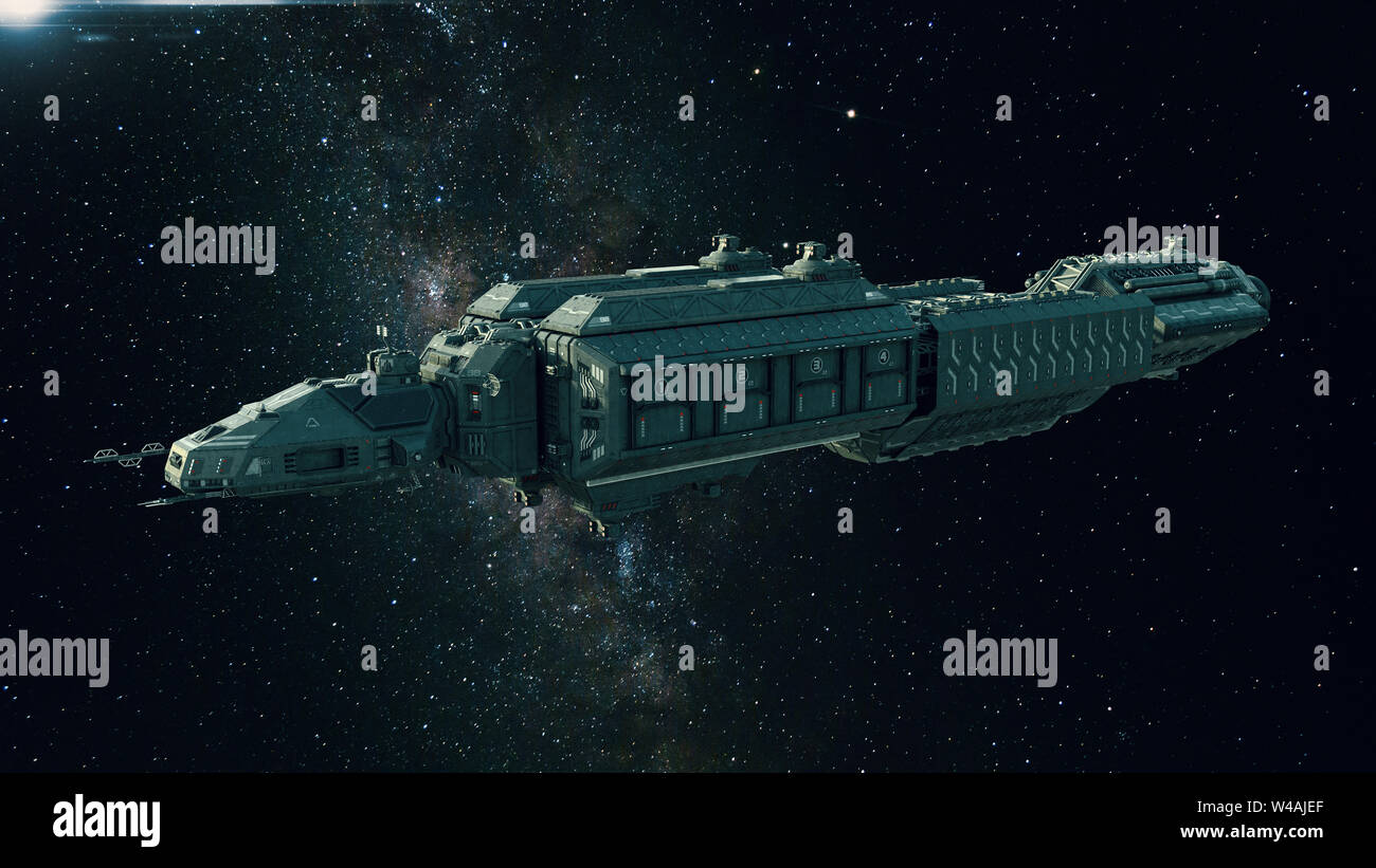 Spaceship in space, spacecraft flying through the universe with a ...