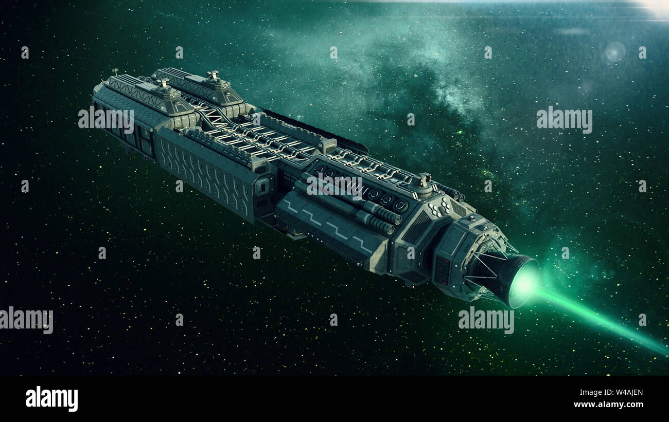 Spaceship in space, spacecraft flying through the universe with a ...