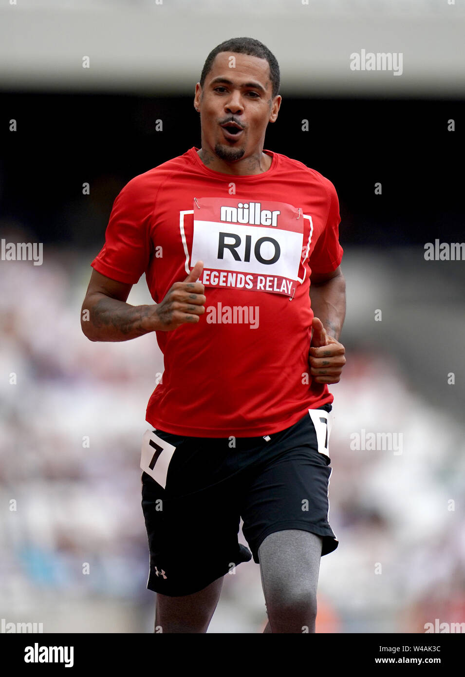 MC Harvey in the 4x100m Legends relay during day two of the IAAF London ...