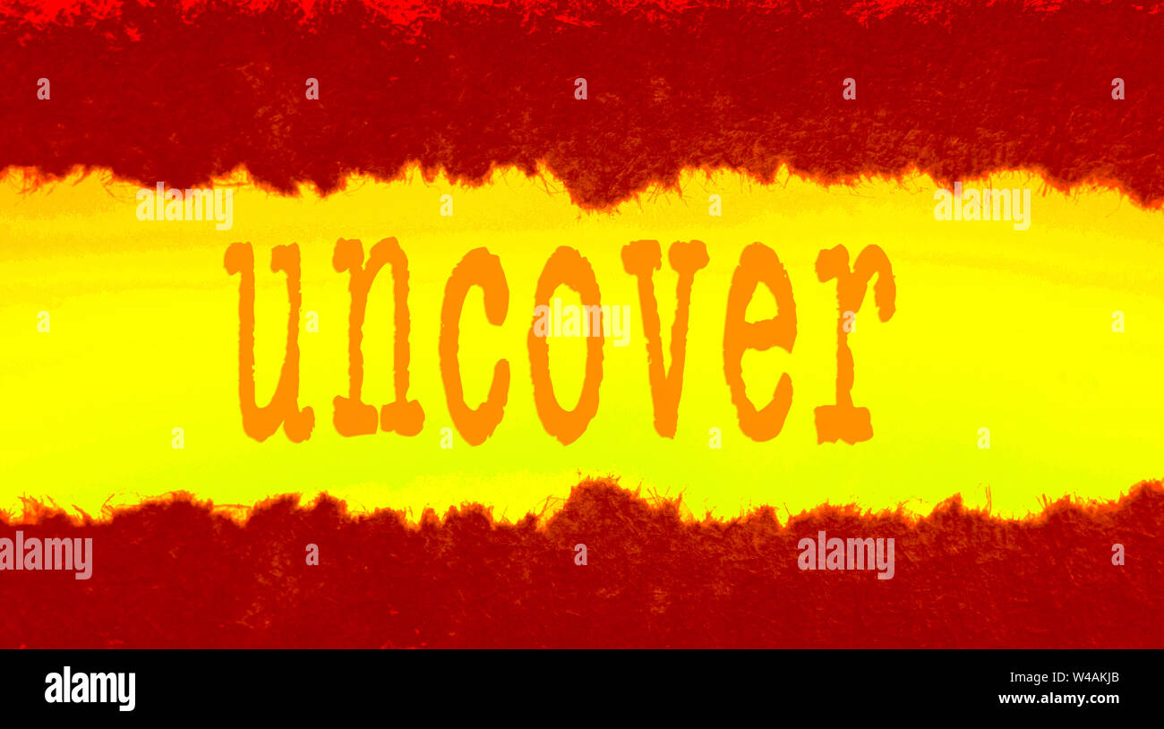 Word UNCOVER and piece of yellow turn paper placed on a white ...