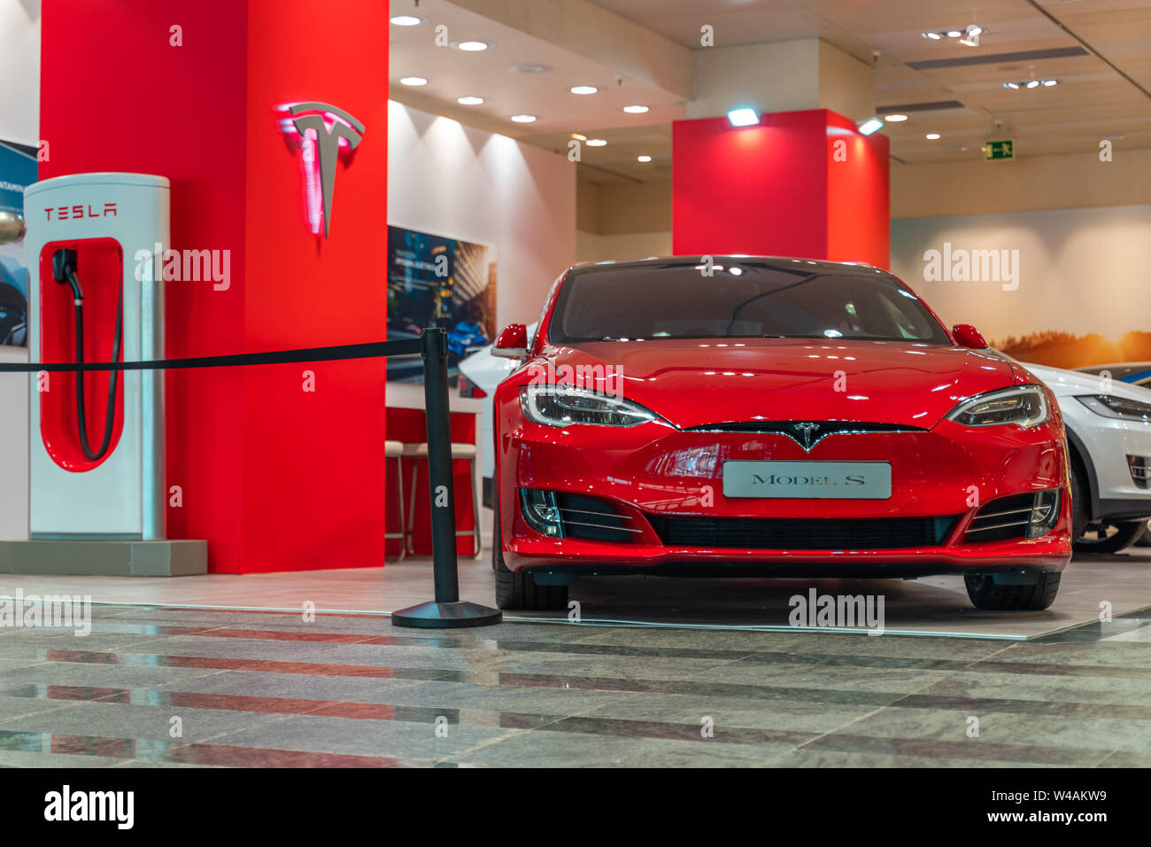 Valencia, Spain - July 21, 2019: Tesla Model S electric car on display ...