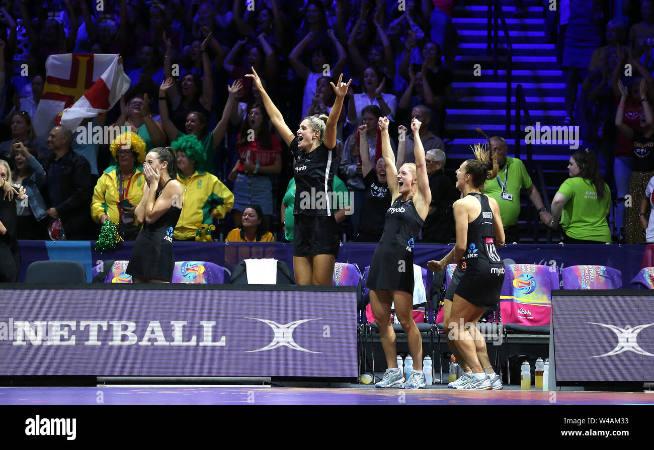 New Zealand players on the bench react during the Netball World Cup ...