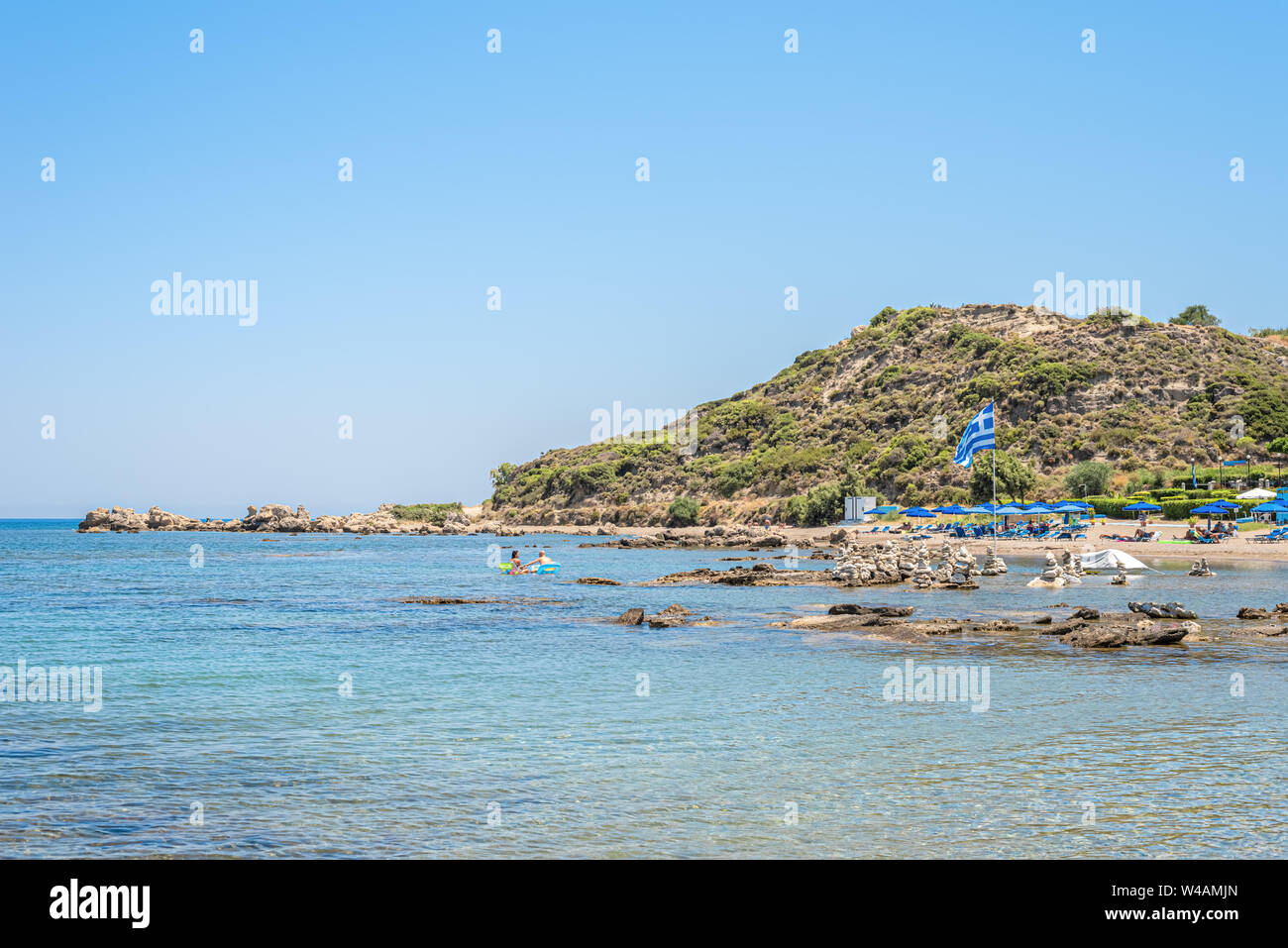 Faliraki Beach, Rhodes, Greece - June 26, 2019: View on a beach with ...