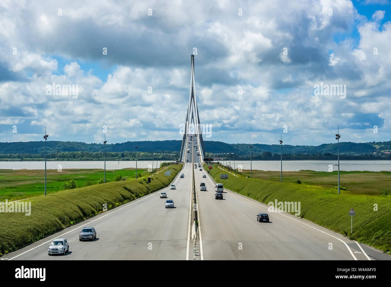 Normandy Bridge or Pont de Normandie over the Seine River with traffic ...