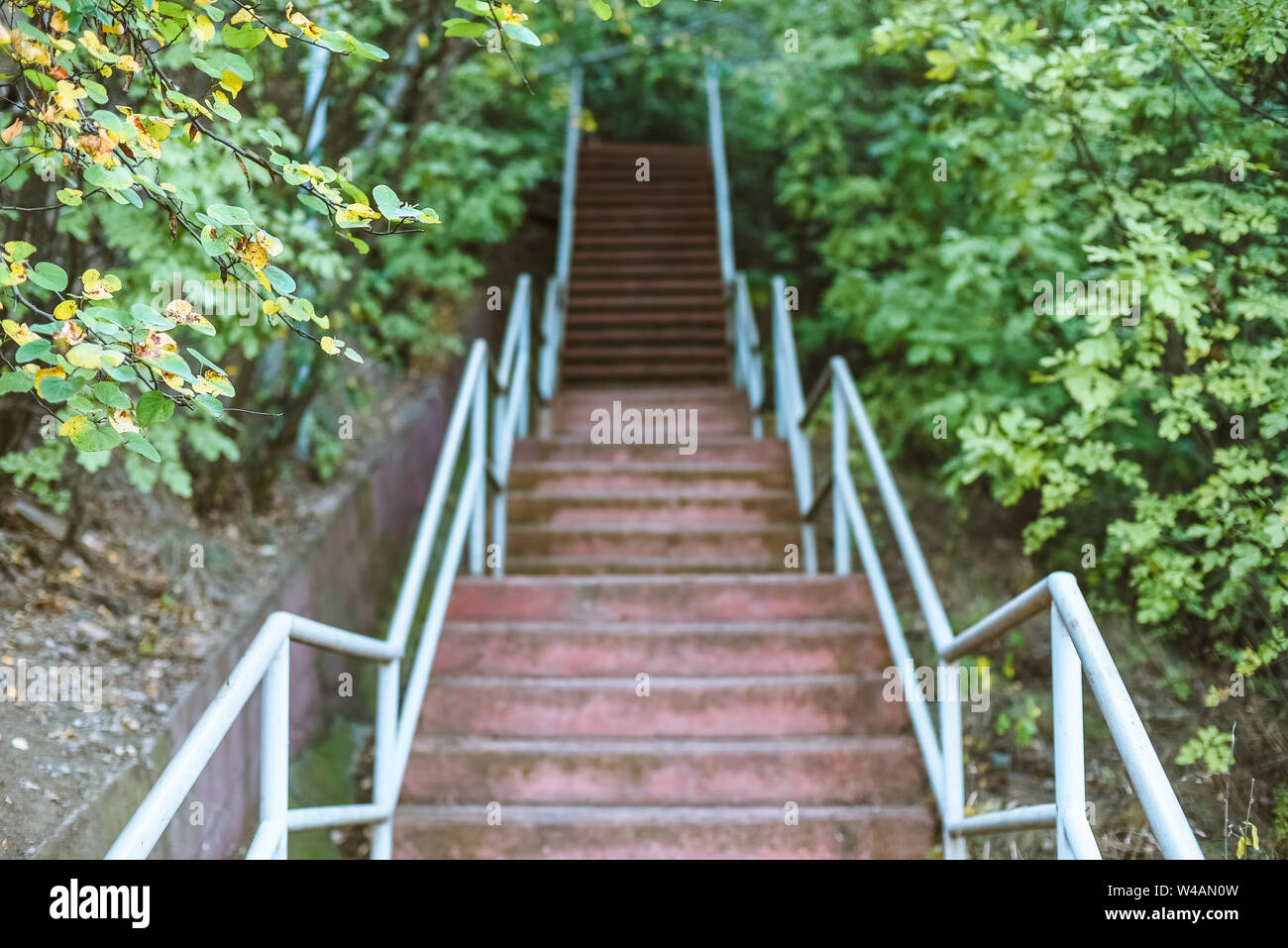 Small ladder with a blue handrail the leader up on the mountain to the ...