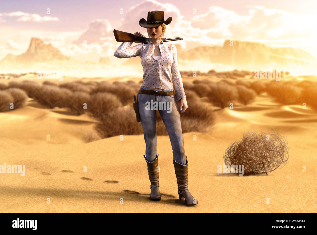 Beautiful cowgirl carrying a rifle over her shoulder in a hot, barren ...