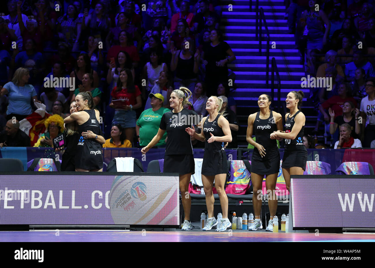 New Zealand players on the bench react during the Netball World Cup at ...