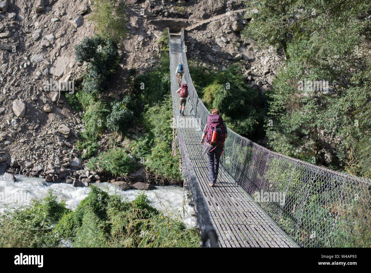 Hikers walking on skinny bridge over canyon and river in Asia Stock ...