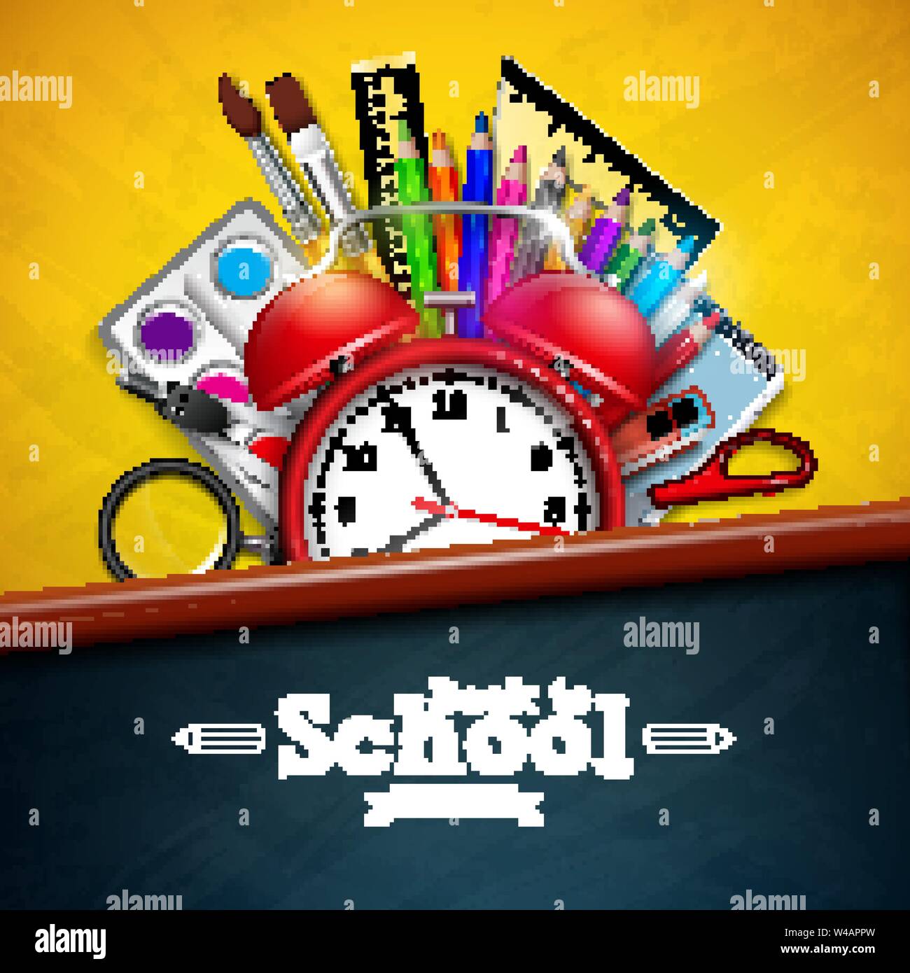 Back to school design with alarm clock, colorful pencil, magnifying ...