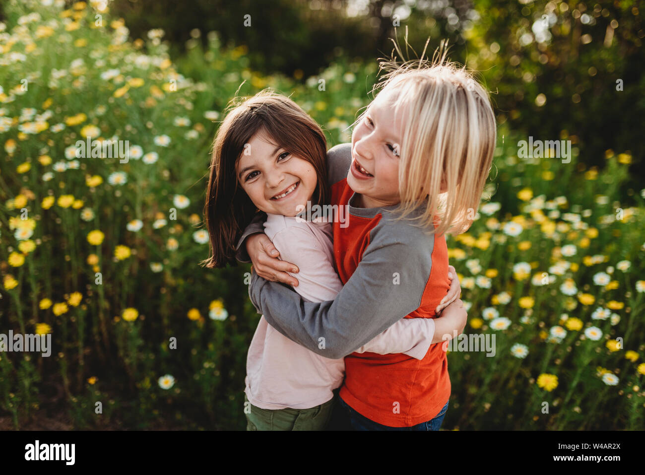 School-aged boy and girl hugging in field of flowers Stock Photo - Alamy