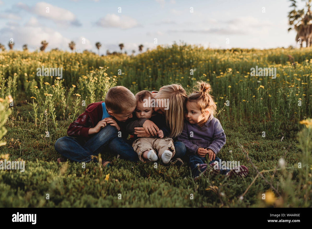 Four siblings smiling at each other in field of flowers with blue sky ...
