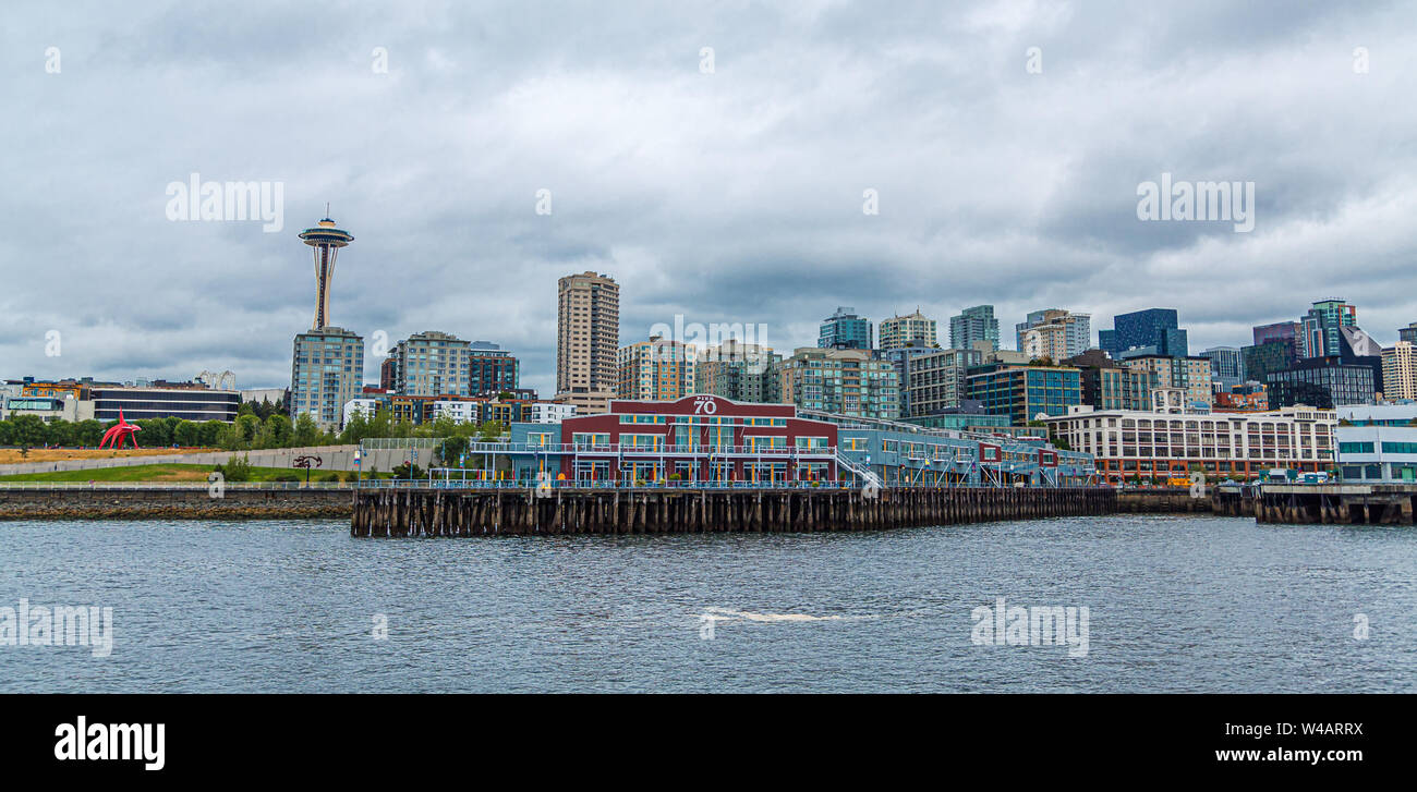Pier 70 and Seattle Skyline from the sea Stock Photo - Alamy