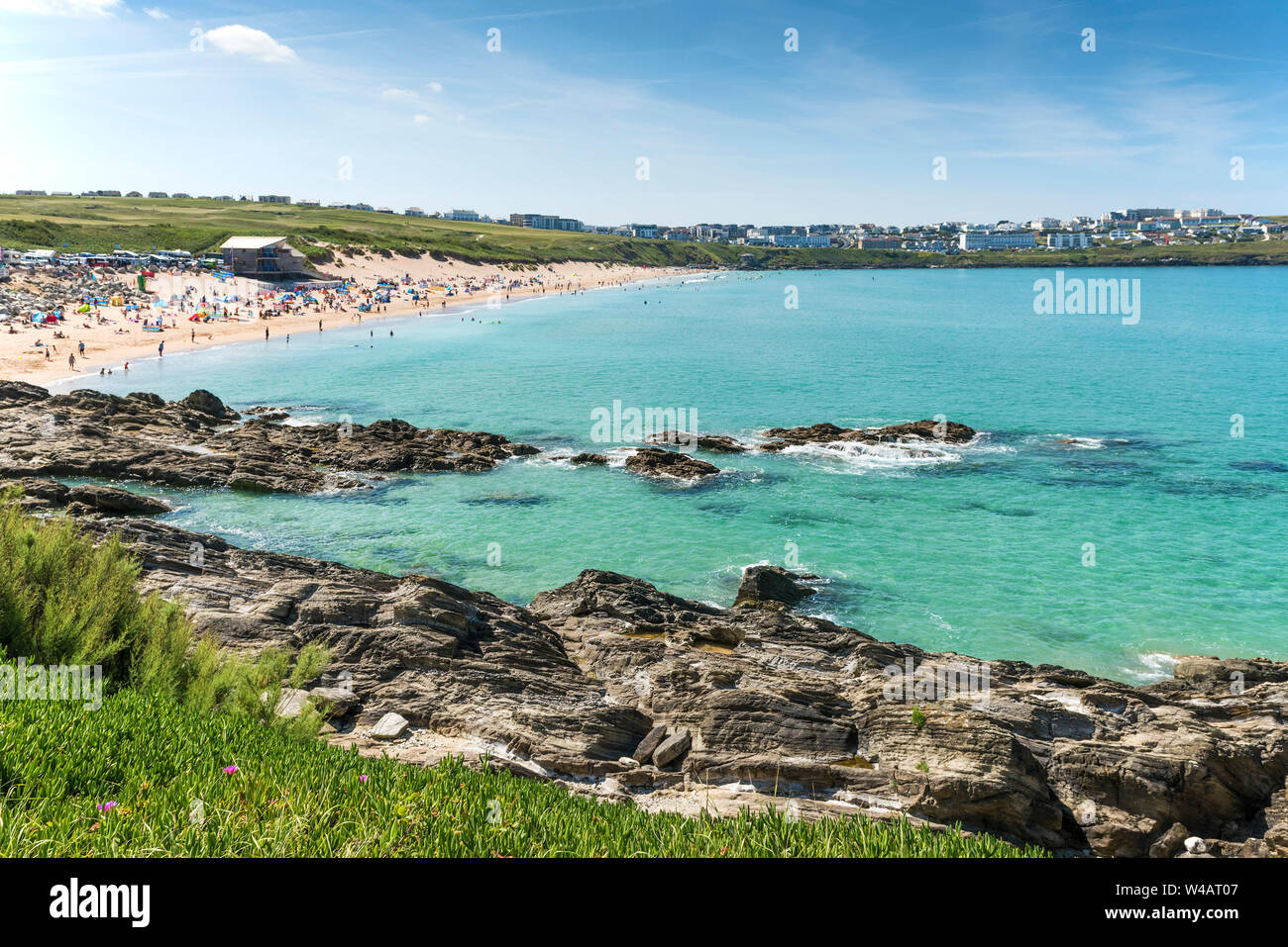 The turquoise coloured sea at in Fistral Bay in Newquay in Cornwall ...