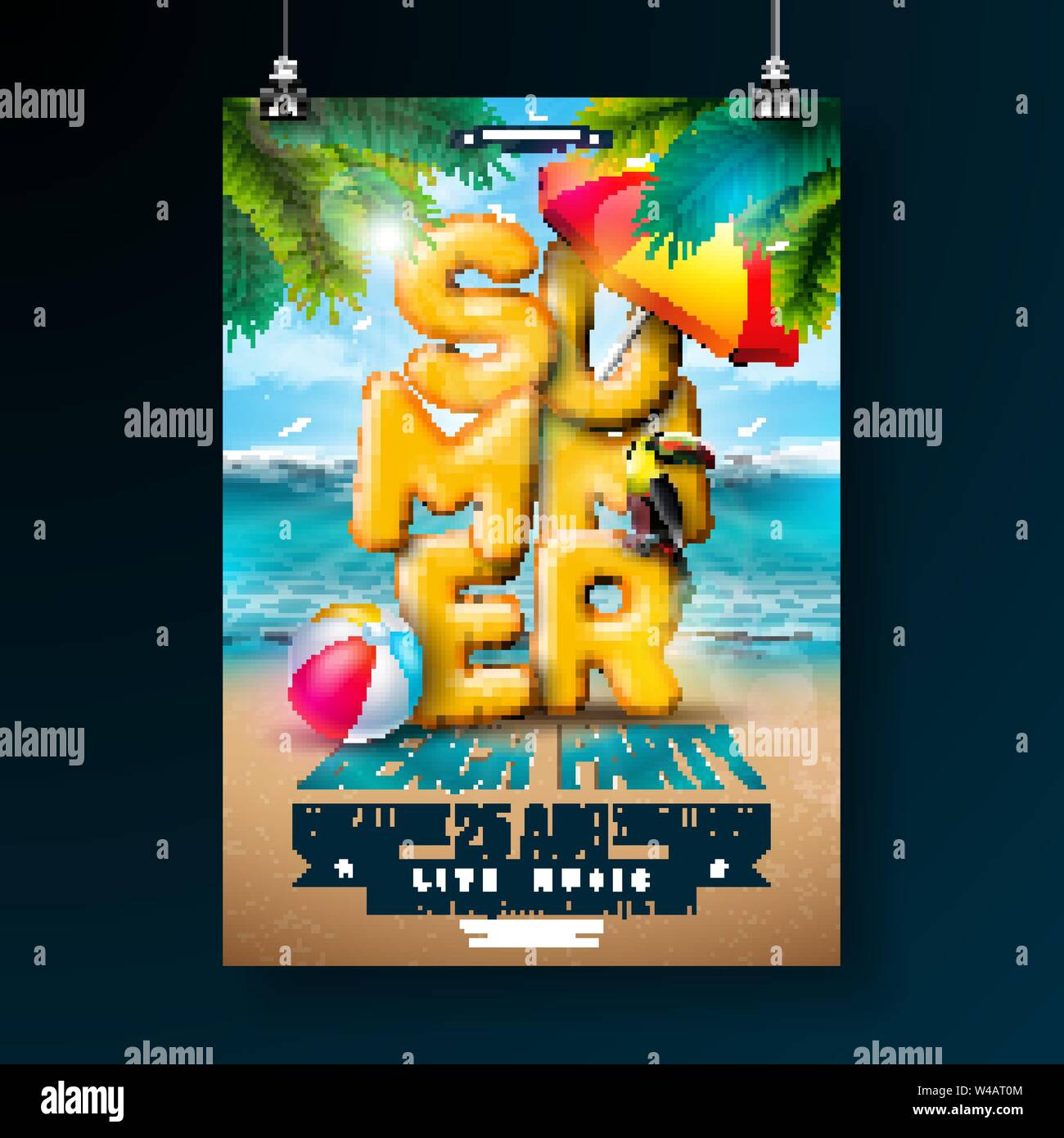 Vector Summer Party Flyer Design with 3d Typography Letter and Tropical ...